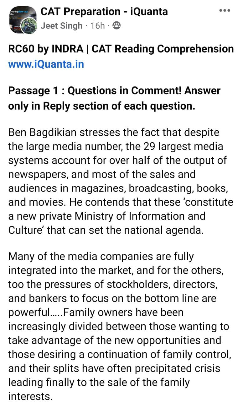 RC60 By Indra : 60 CAT Relevant RCs By iQuanta Founder - iQuanta