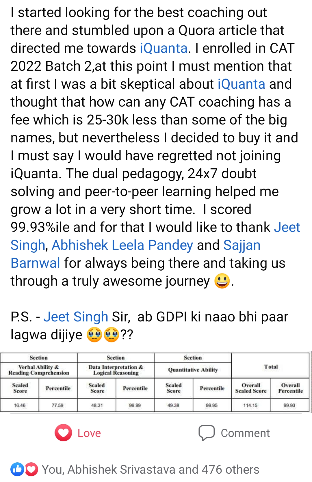 CAT 2022 Toppers List From iQuanta : 70+ Score 99%ile - iQuanta