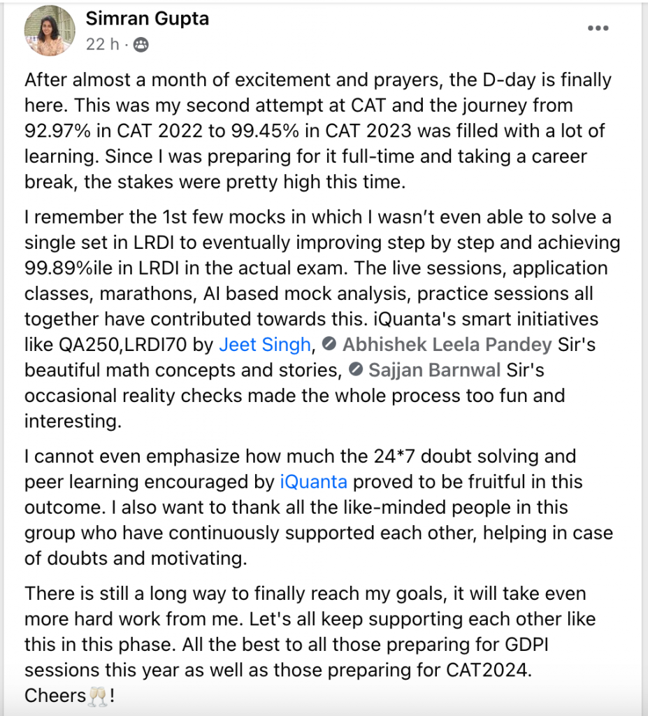 From 0 to 99.89%ile in CAT 2023 LRDI : Simran's Success Story - iQuanta