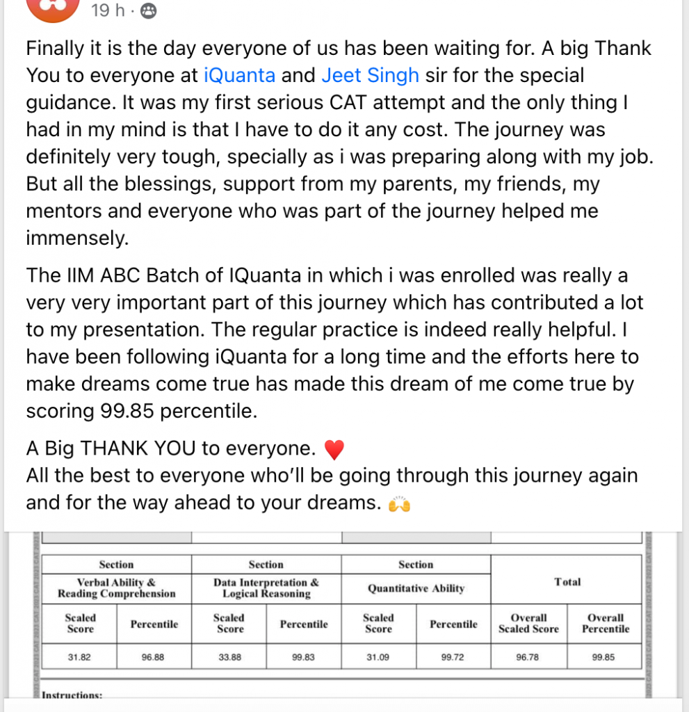CAT 2023 Topper Shares His Journey to 99.85%ile - iQuanta